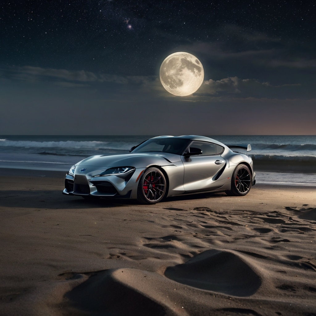Toyota GR Supra Silver Car Print Moonlit Starry Beach Digital Car Art ...