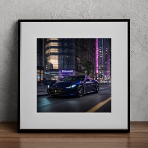 Maserati MC20 Dark Blue Car Print Realistic Nighttime City Car Wall Art ...