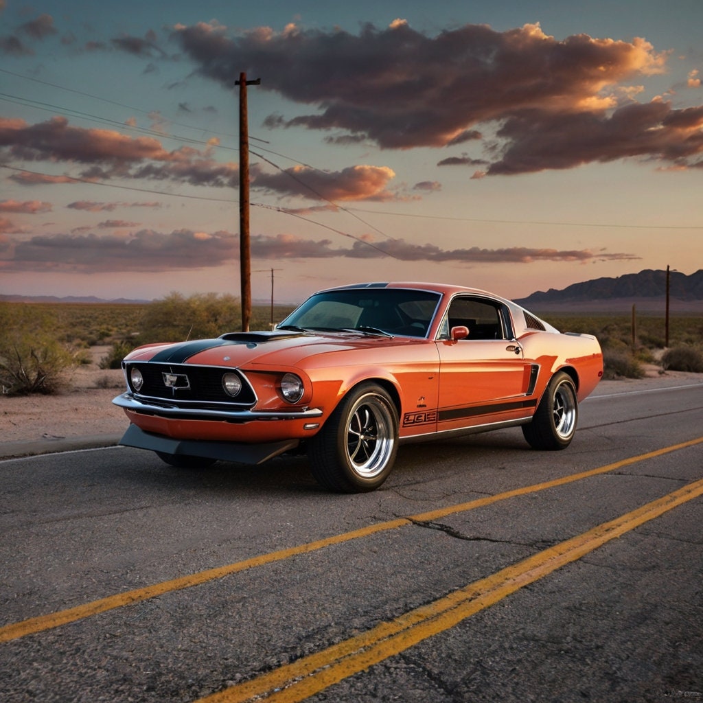 Mustang Boss 302 Red Car Print Desert Highway Dawn Drive Digital Car ...
