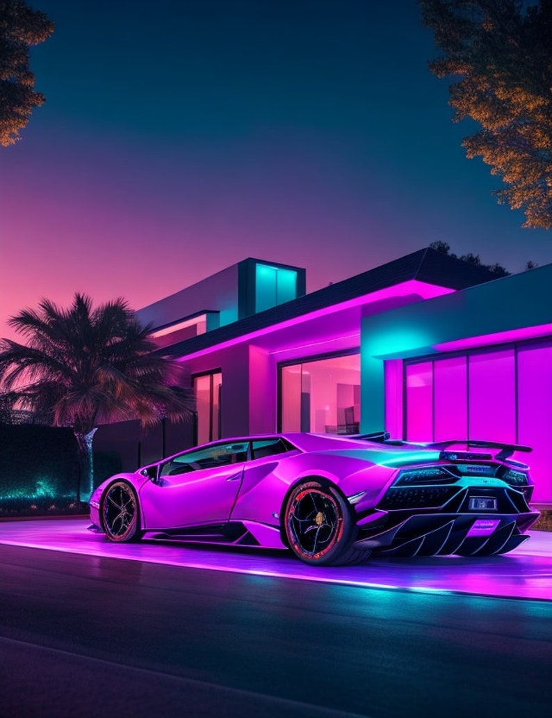 Lamborghini Huracan Neon Car Print Futuristic Luxury Supercar Digital ...