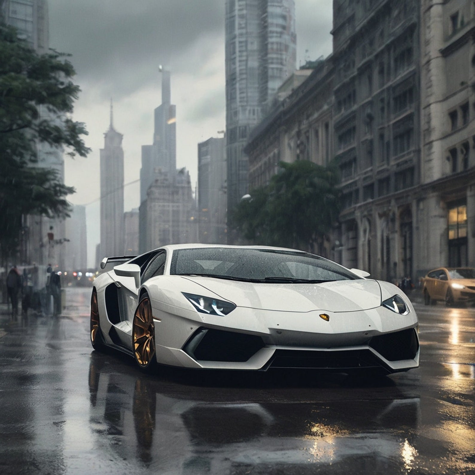 Lamborghini Aventador SVJ White Rainy Cityscape Car Print Realistic ...