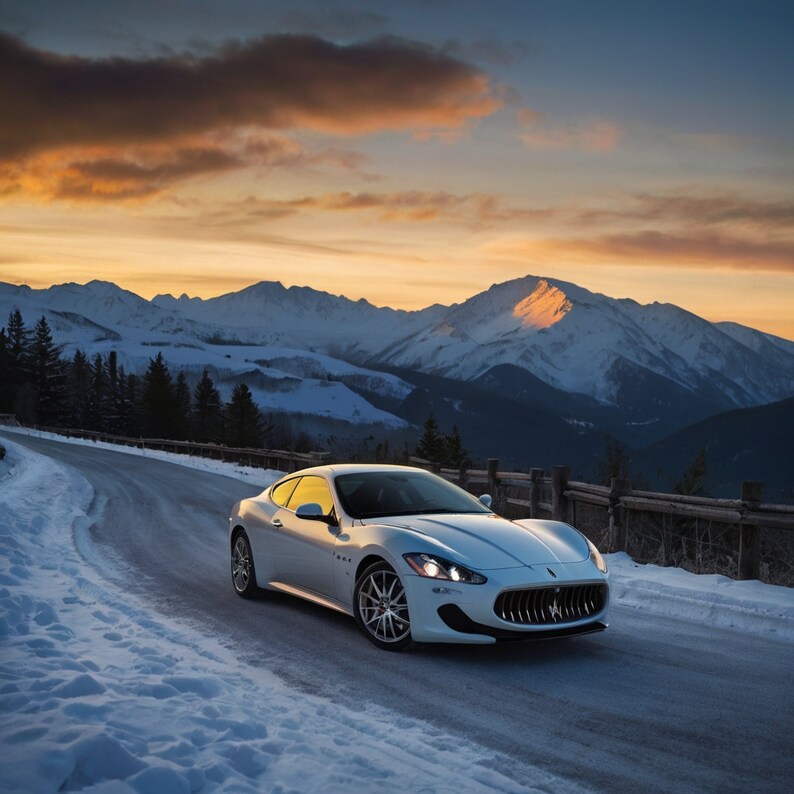 Maserati Granturismo White Snowy Alpine Mountains Car Print Realistic ...