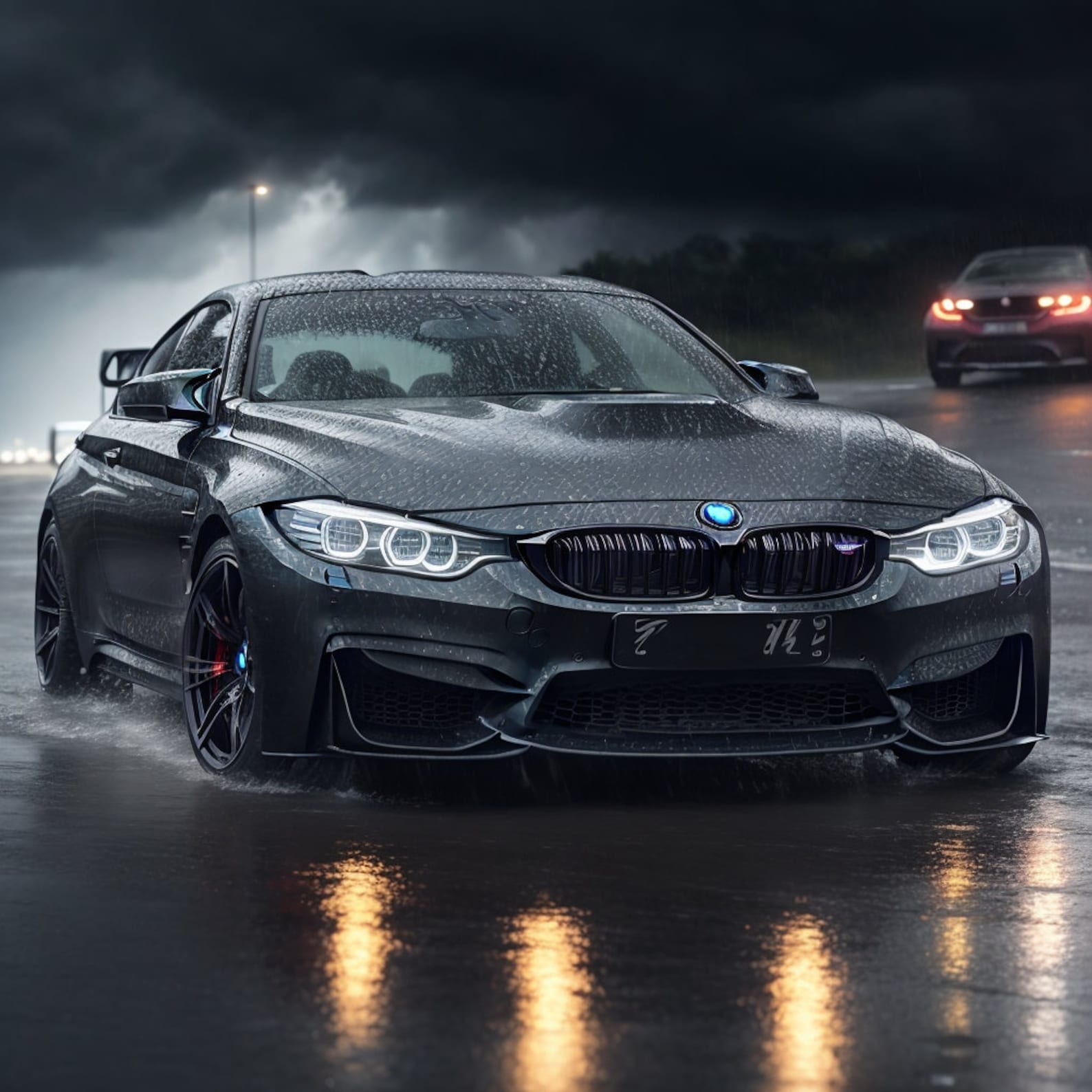 BMW M4 Black Car Print Realistic Sports Car Wall Art Dark Rainy Drive ...