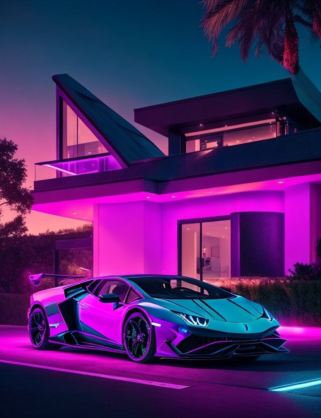 Lamborghini Huracan Neon Car Print Futuristic Luxury Supercar Digital ...