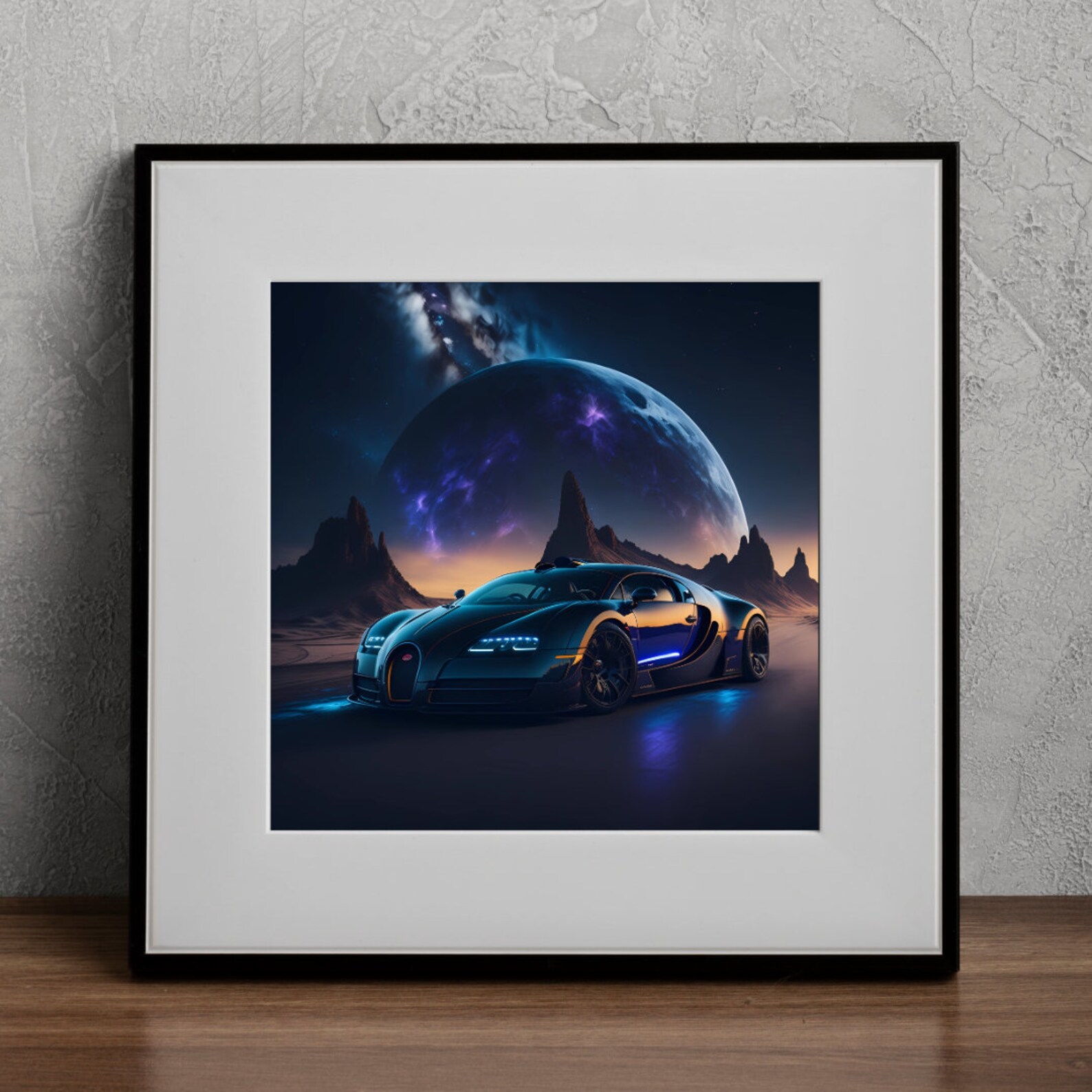 Bugatti Veyron Blue Car Print Realistic Cosmic Space Car Wall Art ...
