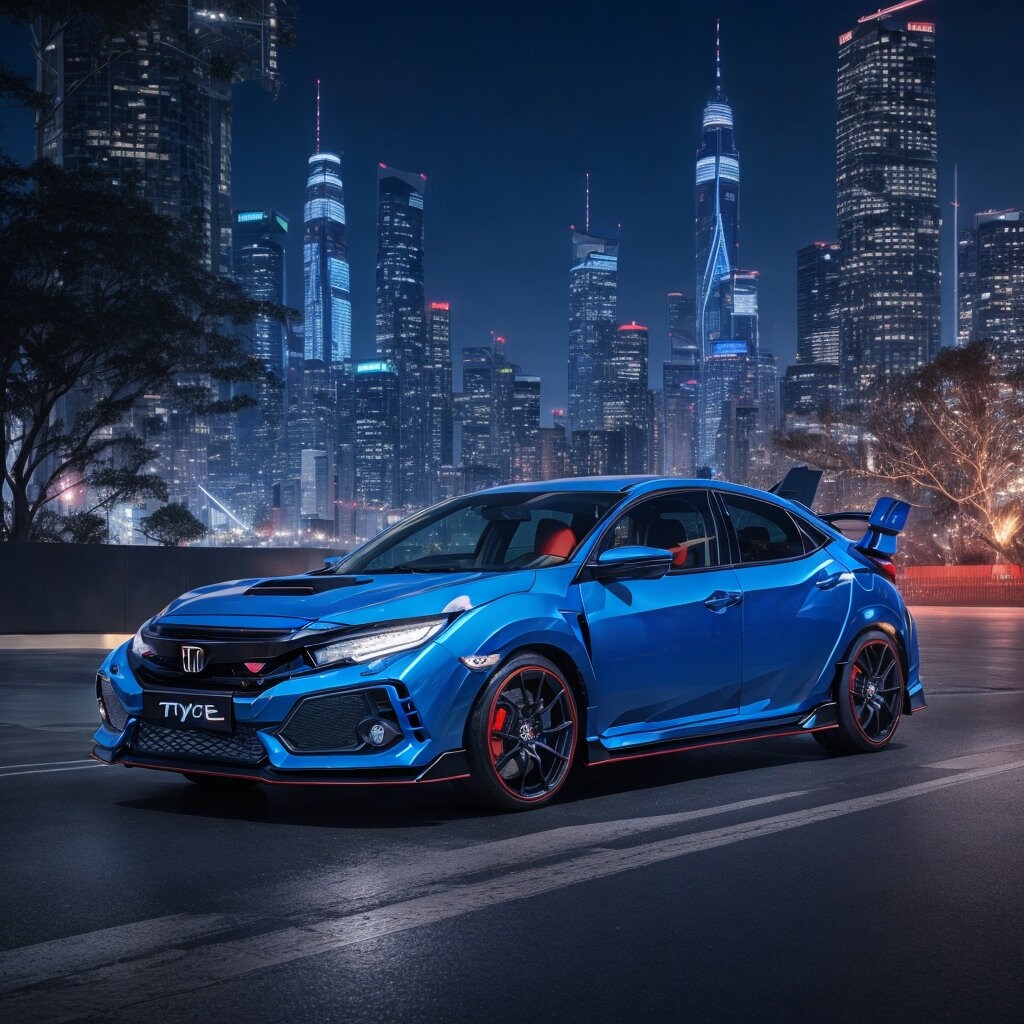 Honda Civic Type R Blue Car Print Futuristic Cityscape Scenery Car Wall ...