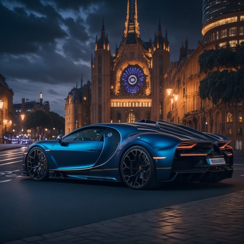 Bugatti Chiron Blue Realistic Architecture Scenery Car Wall Art Luxury ...