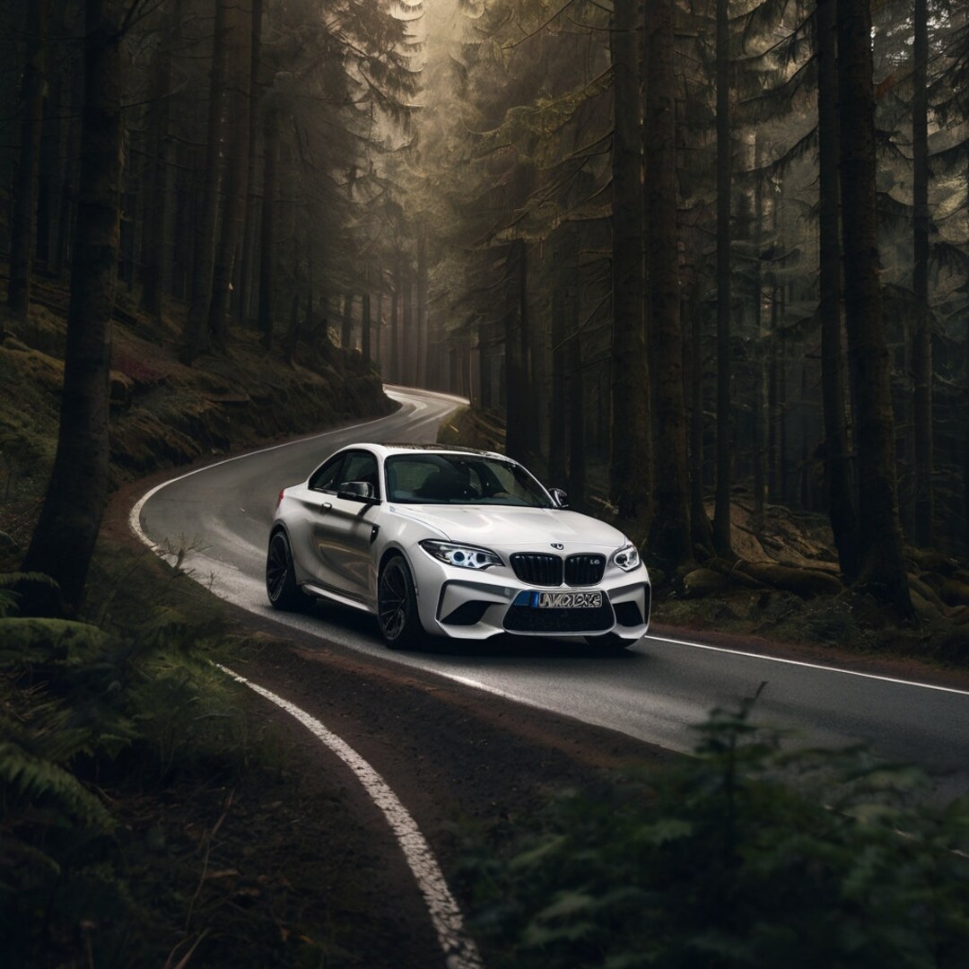 BMW M2 White Car Print Nighttime Dark Forest Scenery Digital Print ...