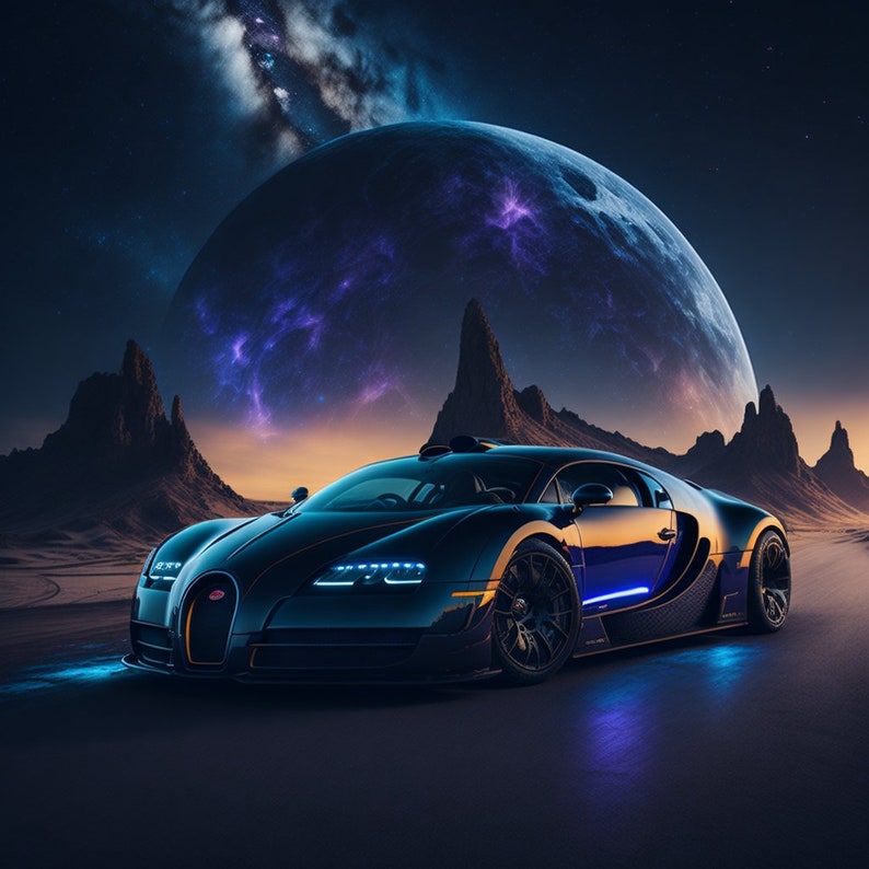 Bugatti Veyron Blue Car Print Realistic Cosmic Space Car Wall Art ...