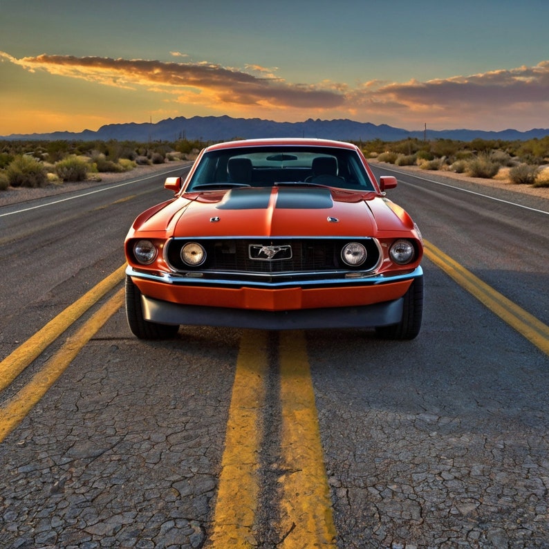 Mustang Boss 302 Red Car Print Desert Highway Dawn Drive Digital Car ...