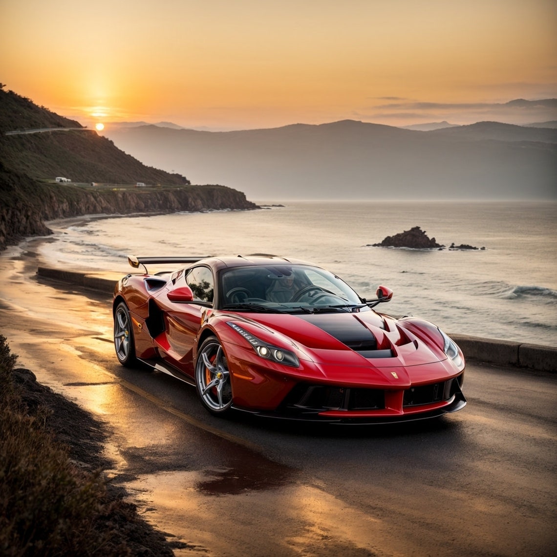 Ferrari Laferrari Red Car Print Sunset Coastal Cruise Car Wall Art ...