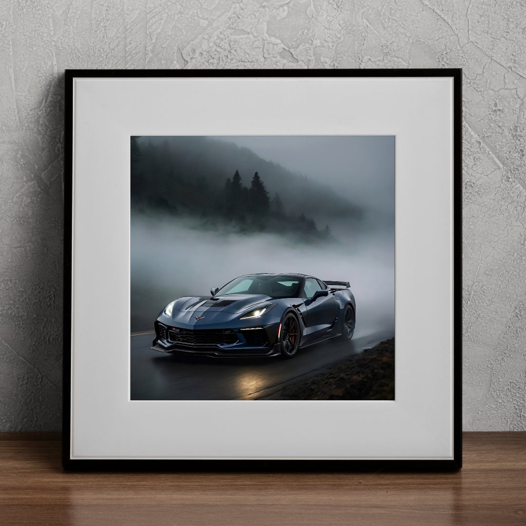 Chevrolet Corvette ZR1 Blue Car Print Dark Mountain Road Digital Car ...