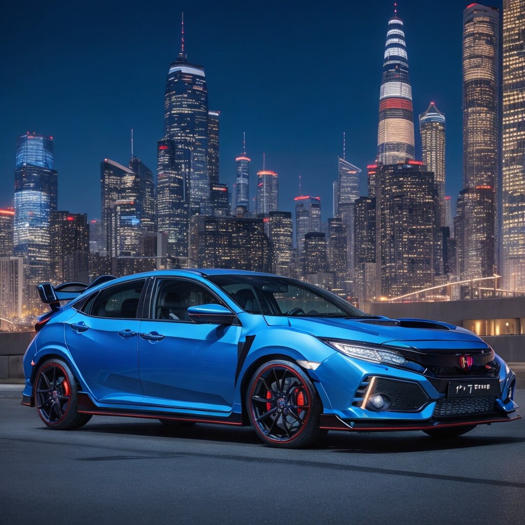 Honda Civic Type R Blue Car Print Futuristic Cityscape Scenery Car Wall ...