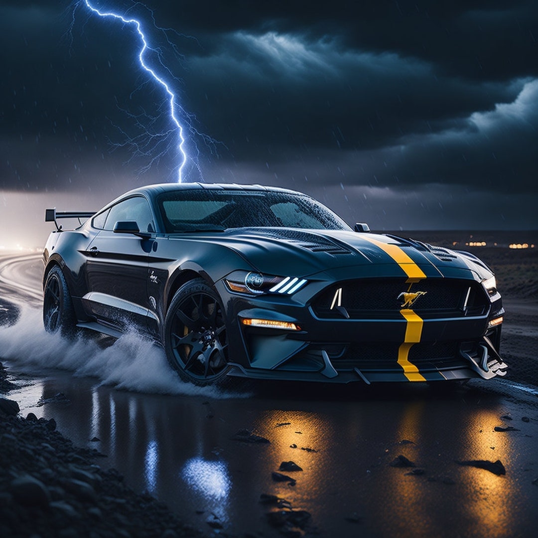 Ford Mustang Blue Car Print Realistic Luxury Sports Car Wall Art Cloudy ...