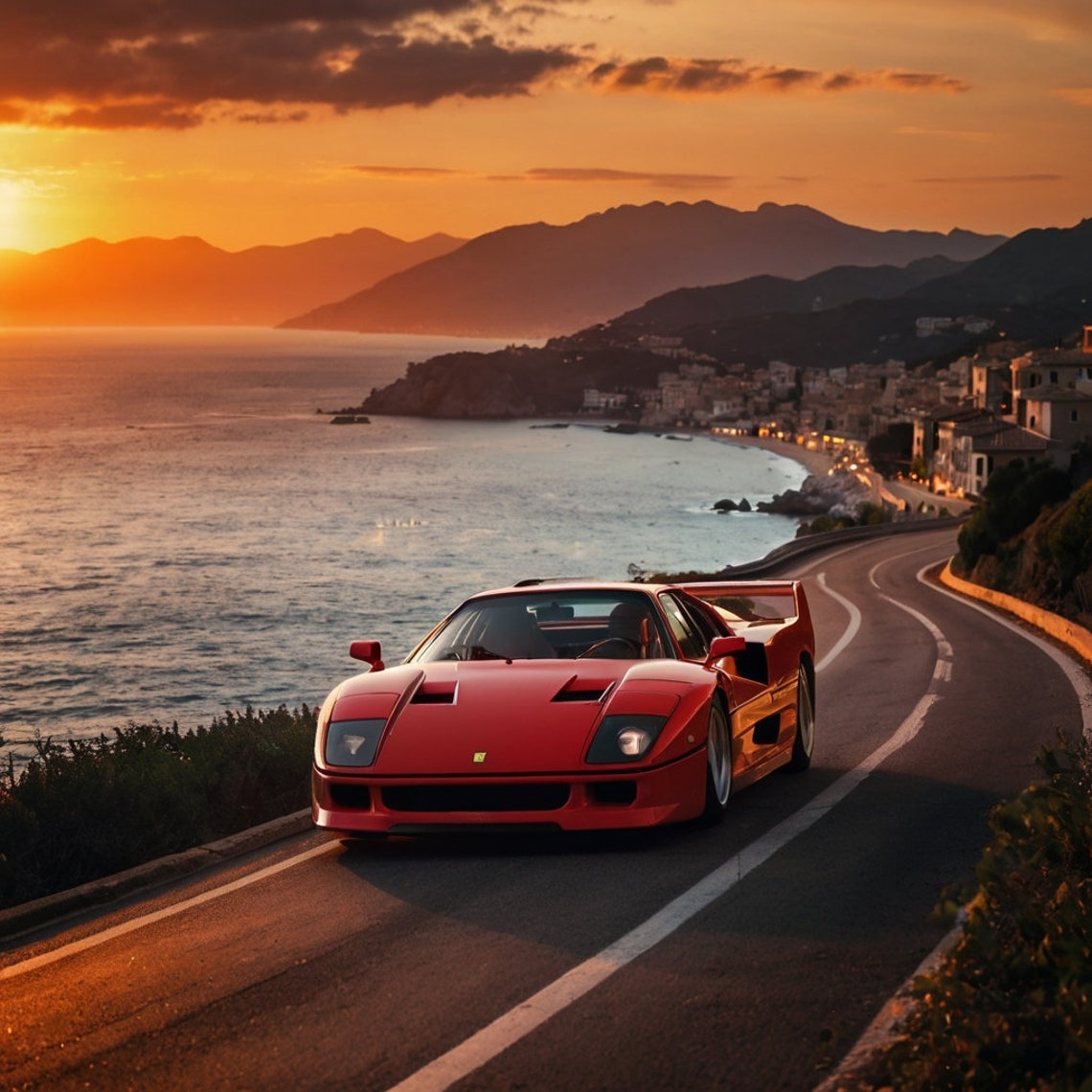 Ferrari F40 Red Car Print Aesthetic Italian Riviera Sunset Digital ...