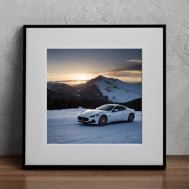 Maserati Granturismo White Snowy Alpine Mountains Car Print Realistic ...