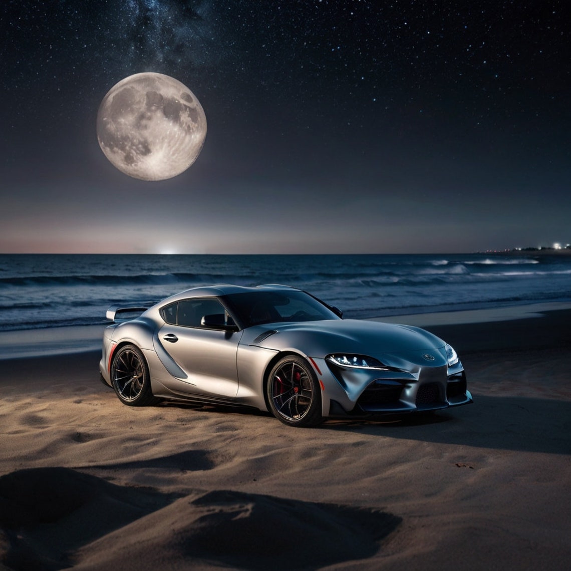 Toyota GR Supra Silver Car Print Moonlit Starry Beach Digital Car Art ...