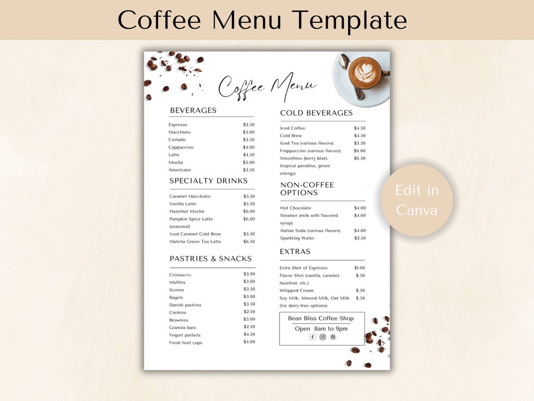 Coffee Shop Menu Template: Cafe Price List, Editable in Canva - Etsy