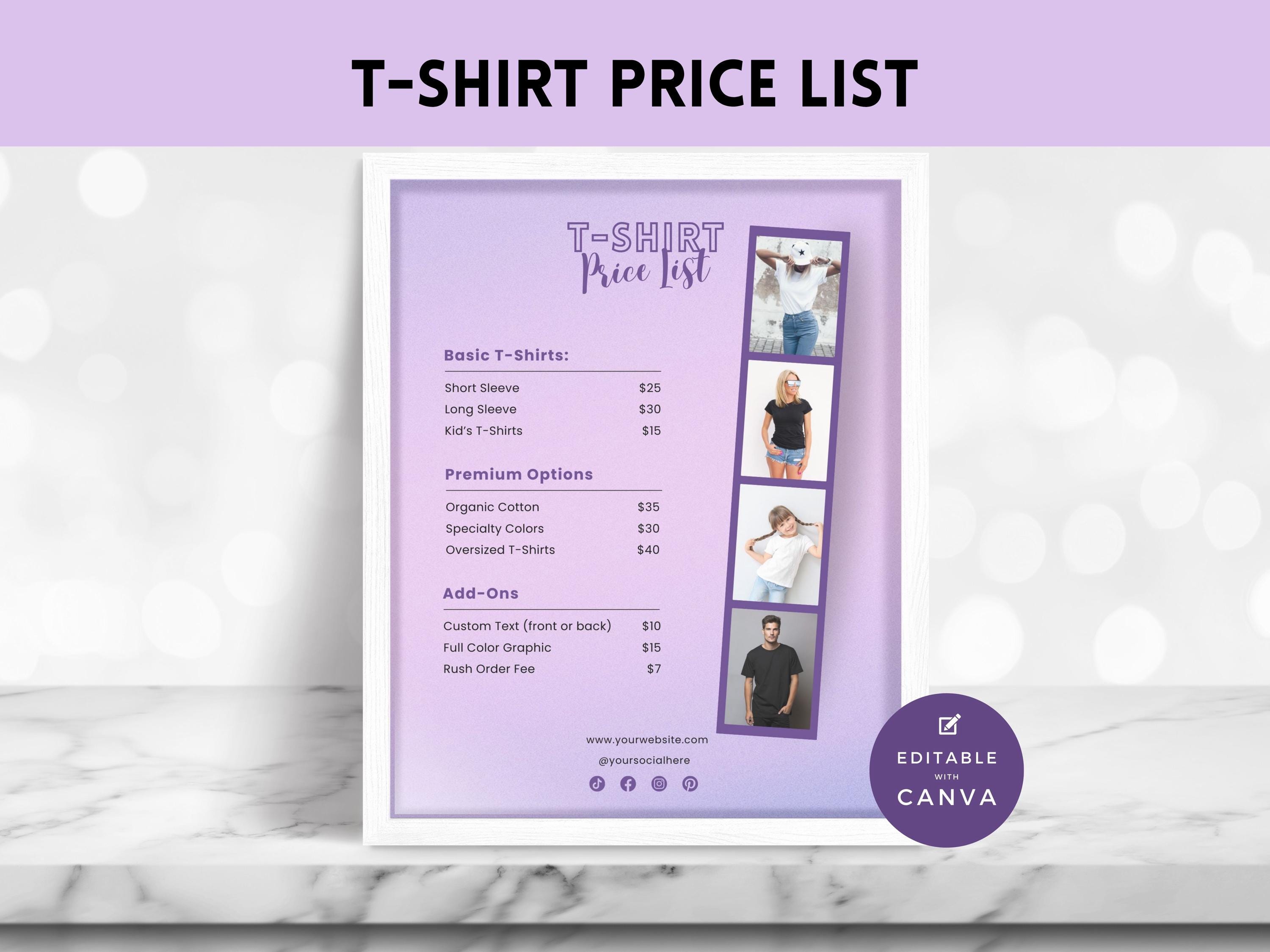 T-shirt Price List Template: Small Business Pricing Guide (canva ...