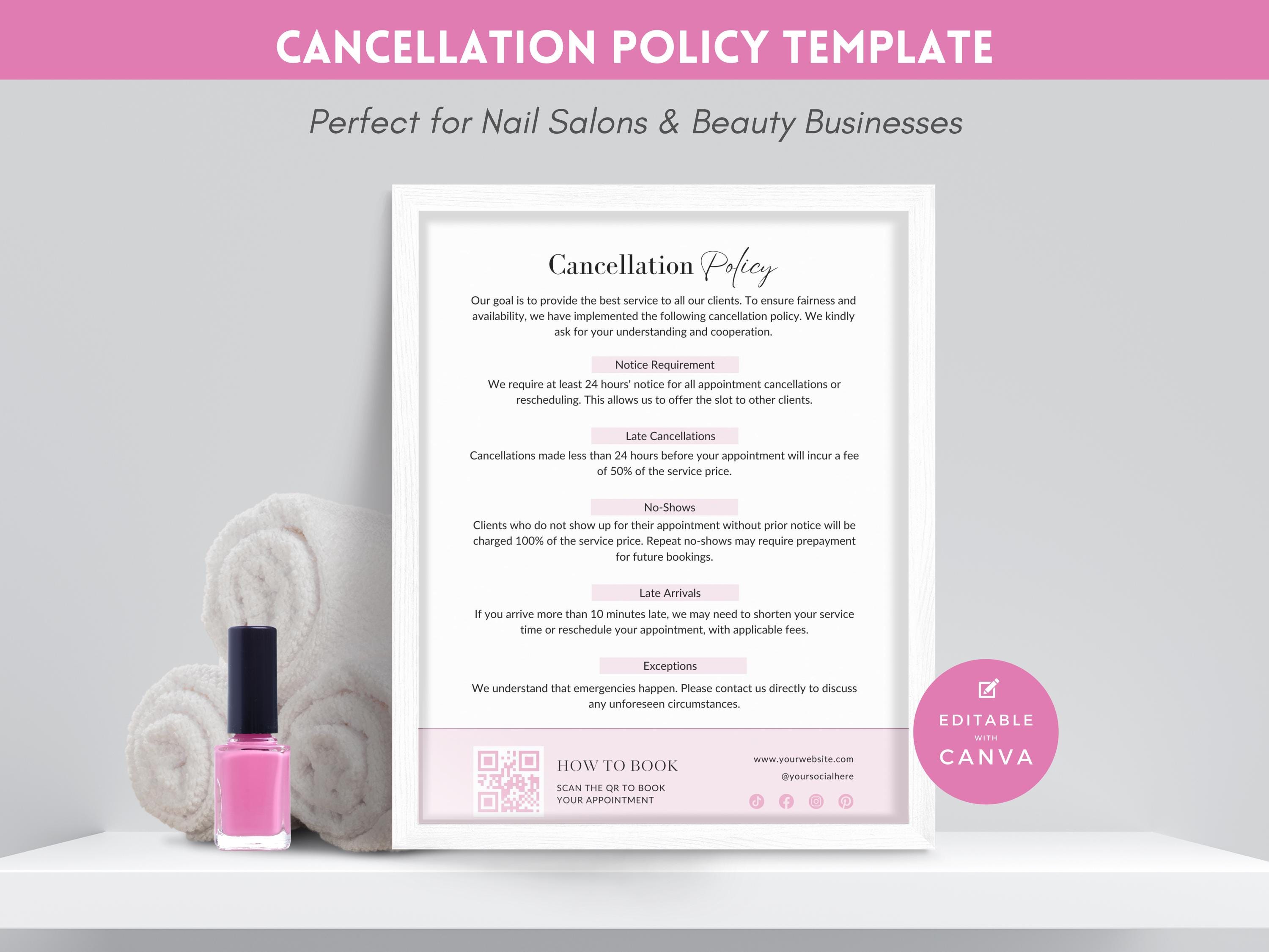 Nail Tech Cancellation Policy Template, Booking Policy Sign, Terms and ...