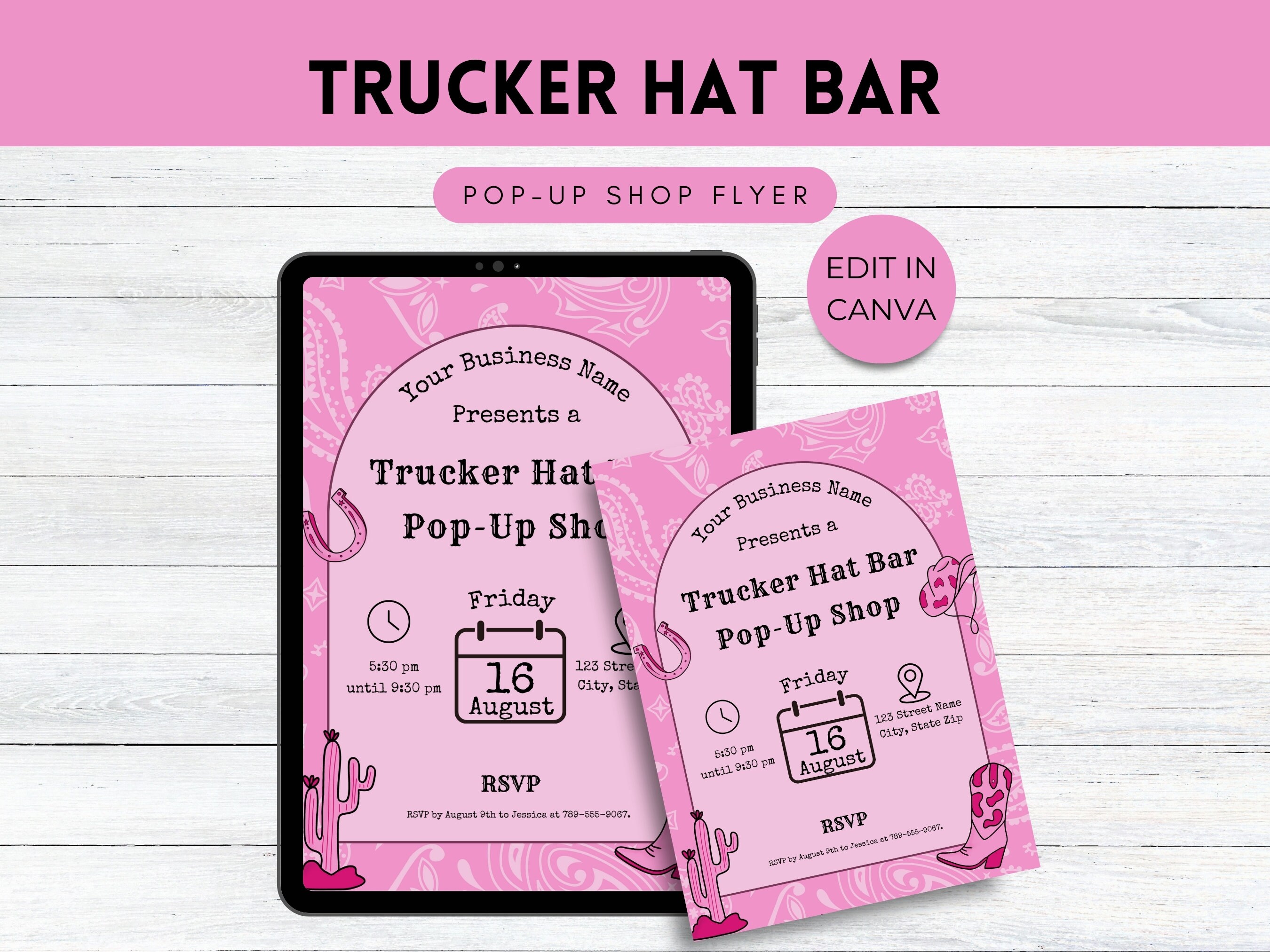Trucker Hat Bar Pop-up Shop Flyer Template, Western Boutique, Grand ...