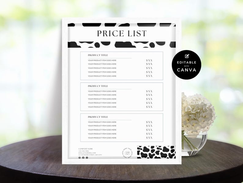Price List Template, Cow Print, Price List, Editable Price Sheet ...