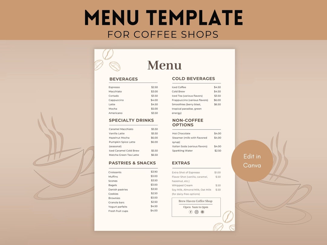 Coffee Shop Menu Template: Editable Cafe Price List (canva) - Etsy