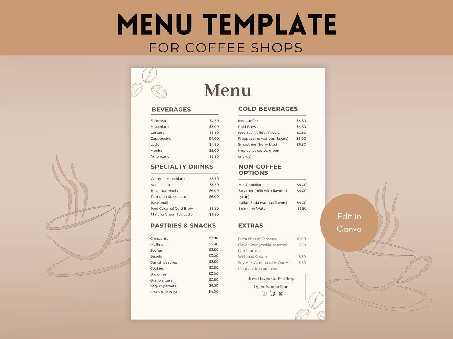 Coffee Shop Menu Template: Editable Cafe Price List (canva) - Etsy