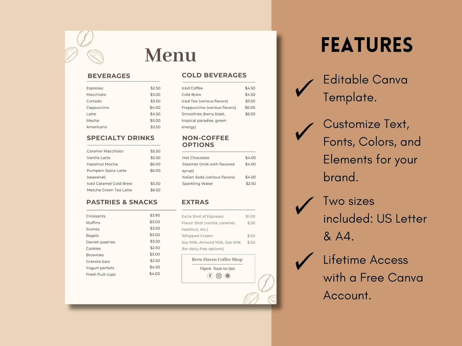 Coffee Shop Menu Template: Editable Cafe Price List (canva) - Etsy