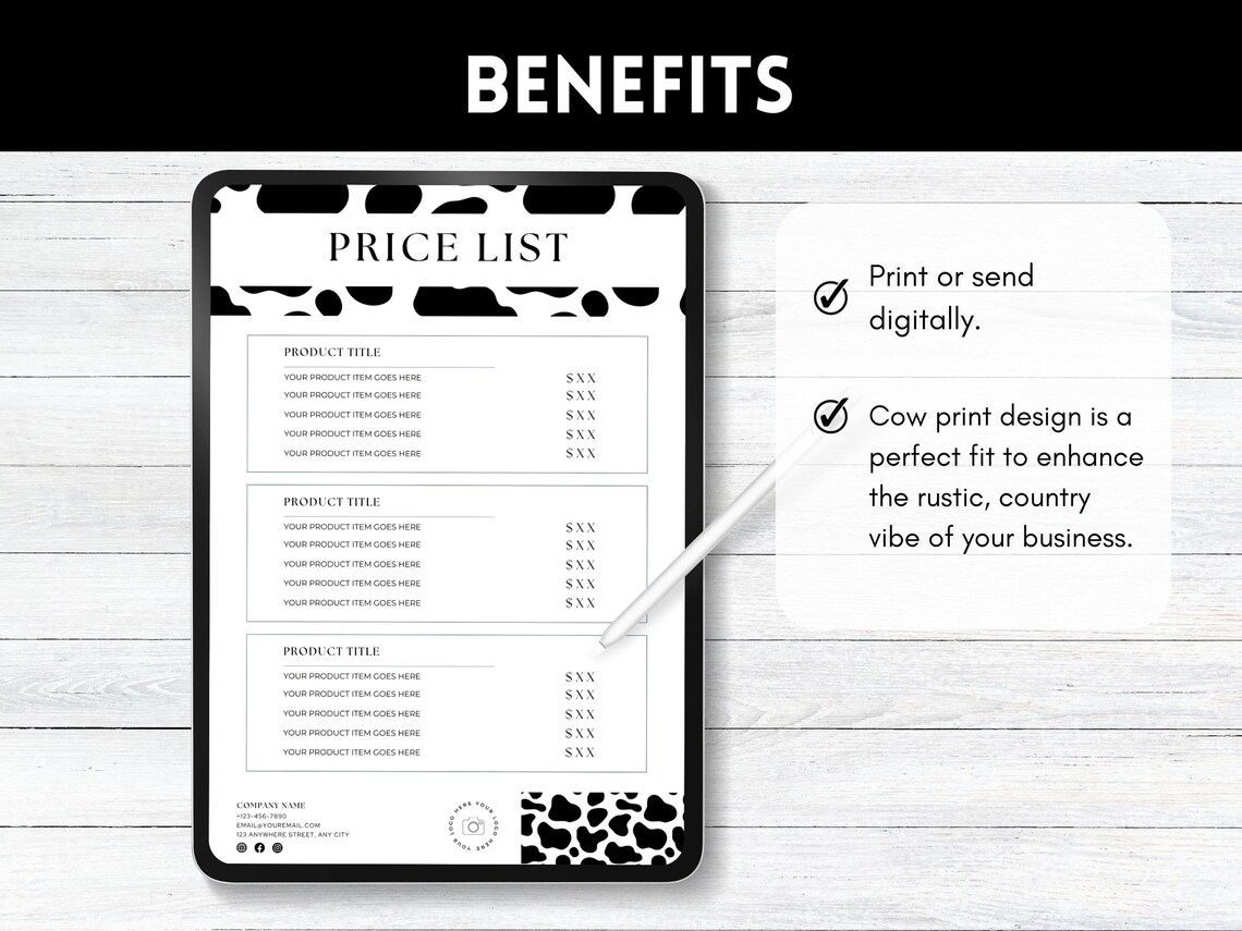 Cow Print Price List Template: Editable Business Menu (canva) - Etsy