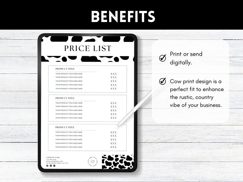 Price List Template, Cow Print, Price List, Editable Price Sheet ...