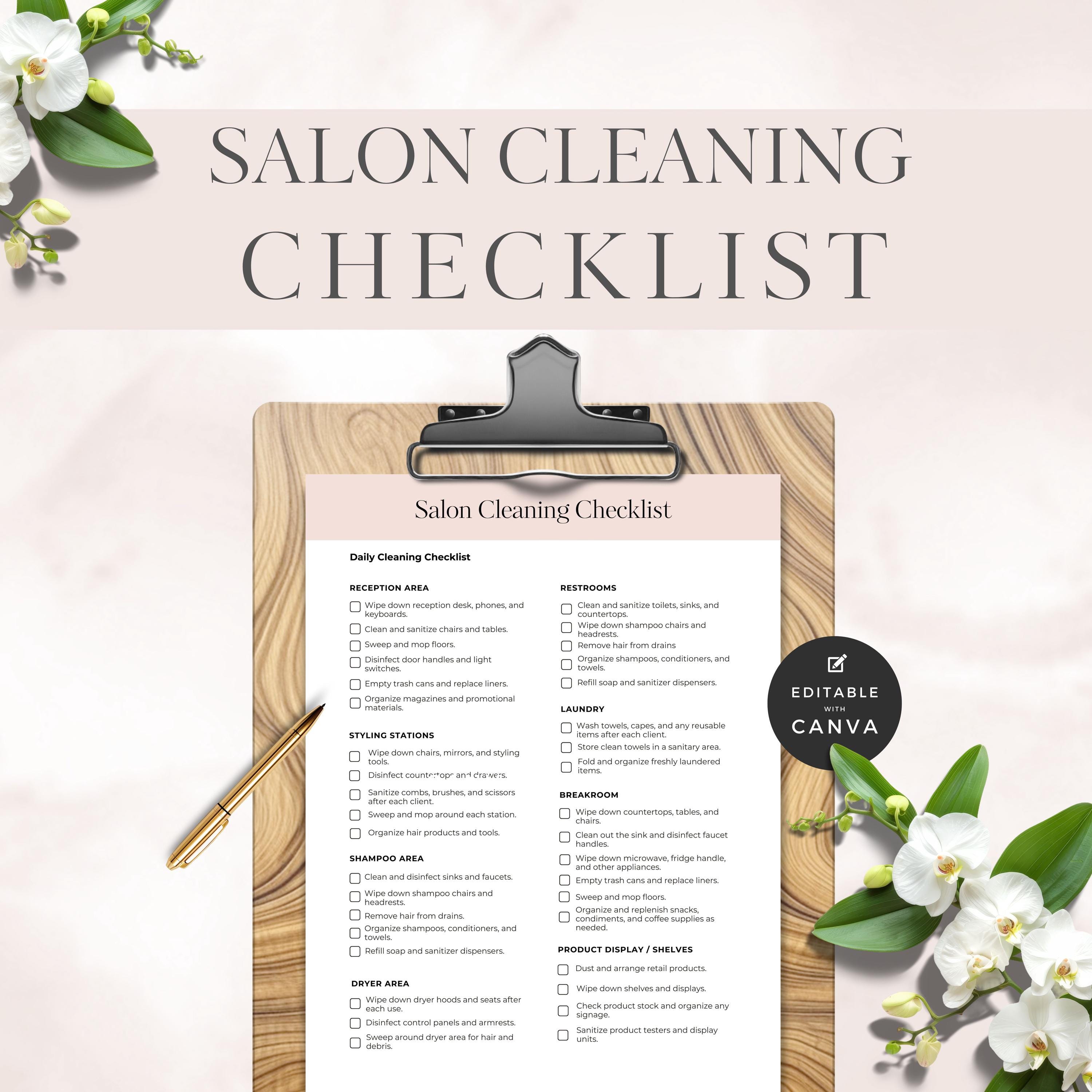 Salon Cleaning Checklist, Hair Salon Cleaning Duties List, Canva ...