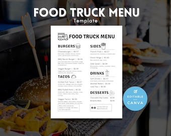 Food Truck Menu Template, Printable, Digital, Instant Download - Etsy