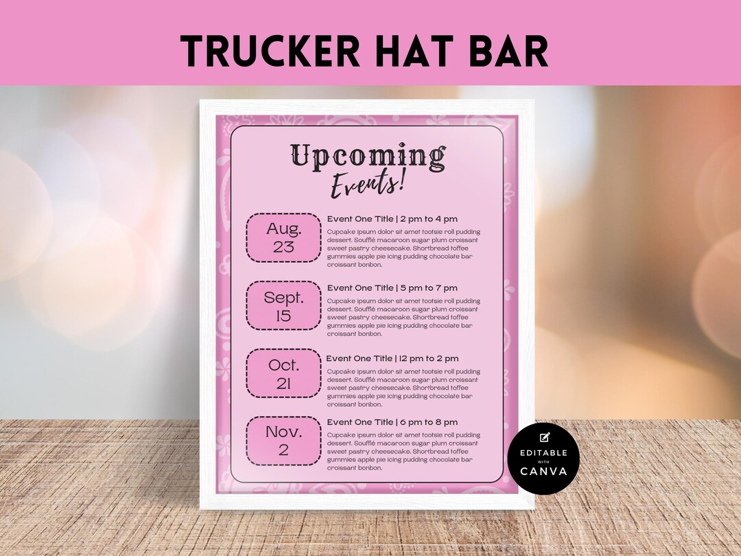 Trucker Hat Bar Printable, Upcoming Event Flyer, Canva Template, Craft ...