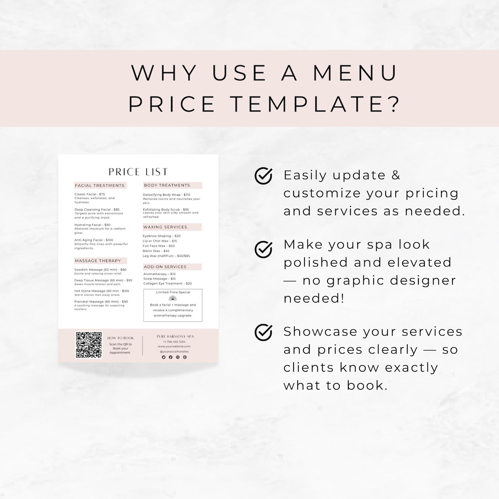 Spa Price List Template: Editable Scan to Pay Menu (canva Template, US ...