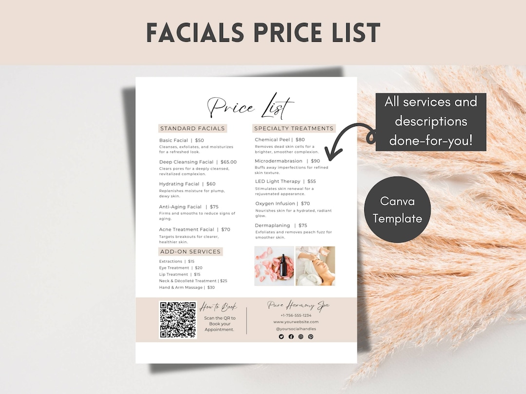 Esthetician Facial Price List Template: Salon Menu (canva) - Etsy