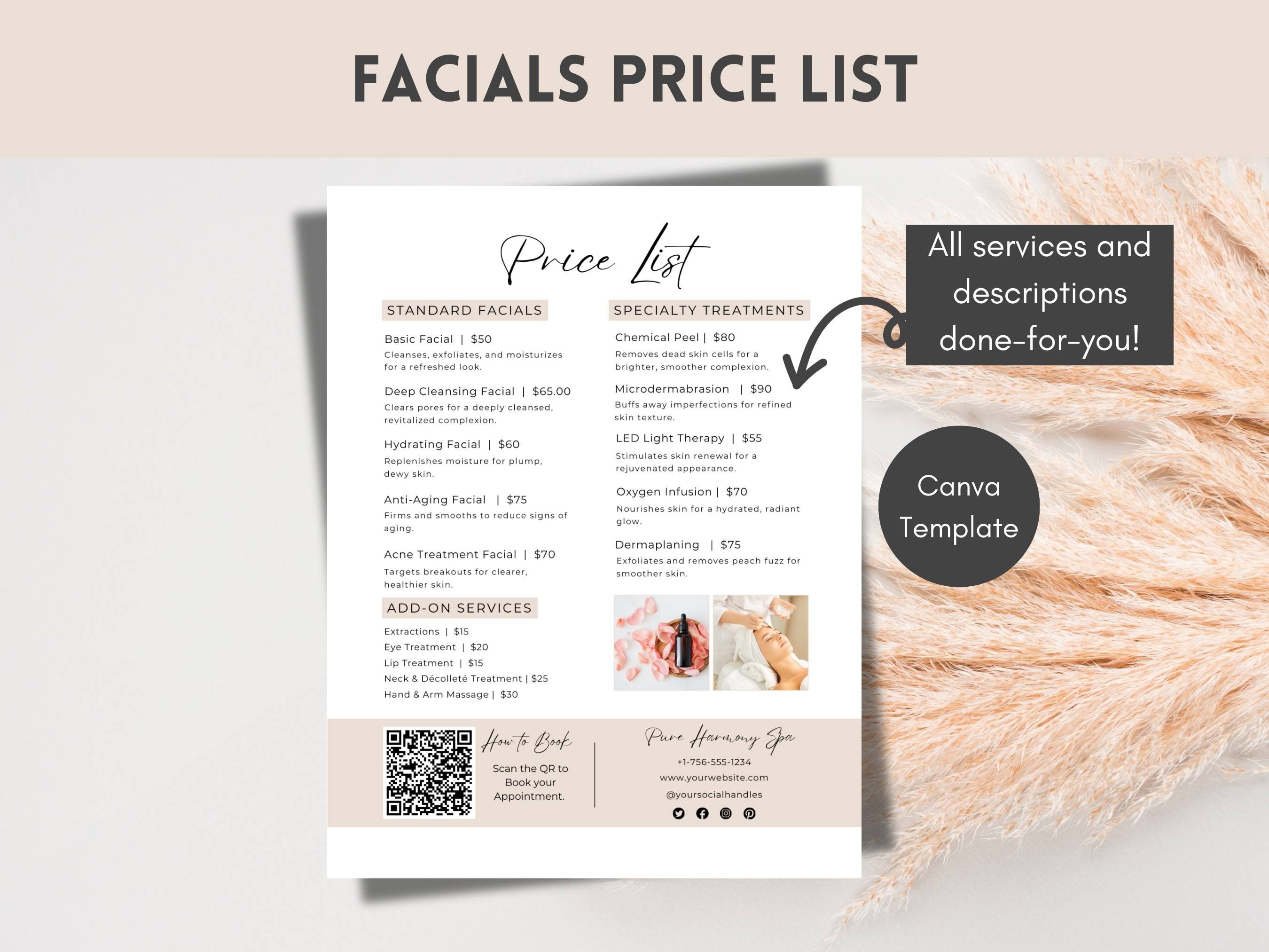 Esthetician Facial Price List Template: Salon Menu (canva) - Etsy