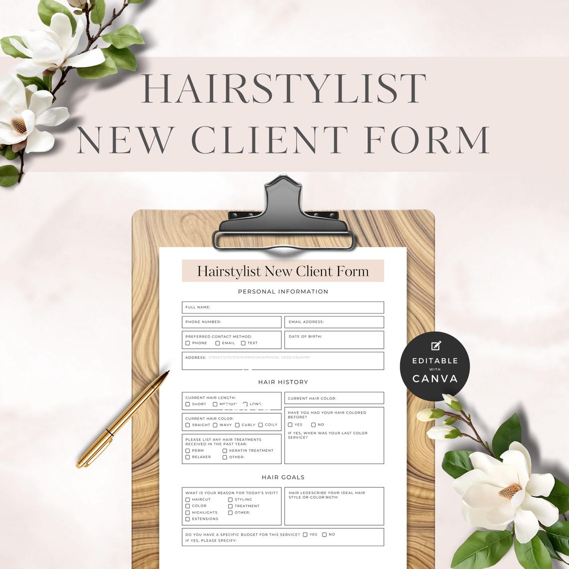 Hairstylist New Client Intake Form: Salon Consultation Sheet (printable ...