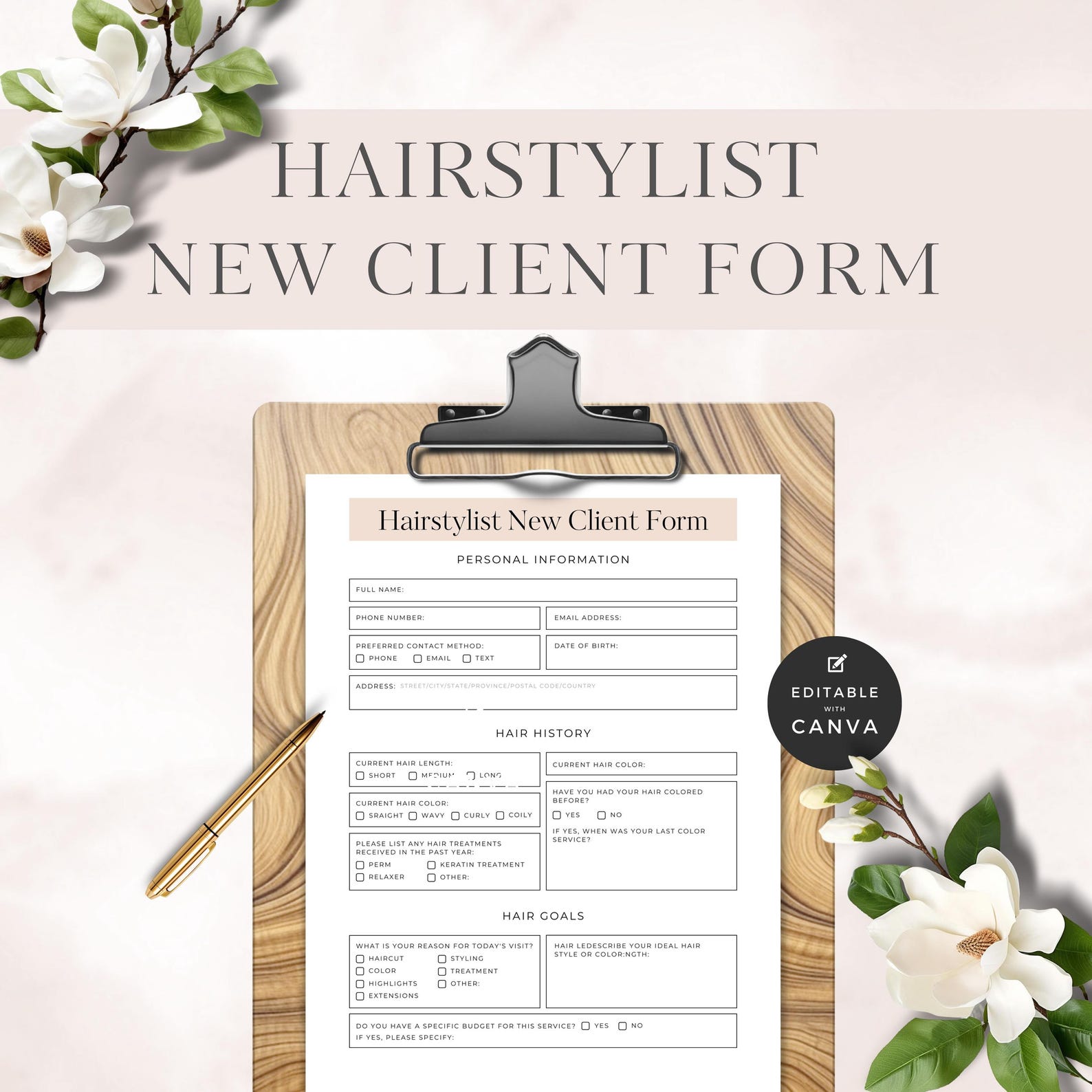 Hairstylist New Client Intake Form, Salon Consultation Sheet, Hair ...