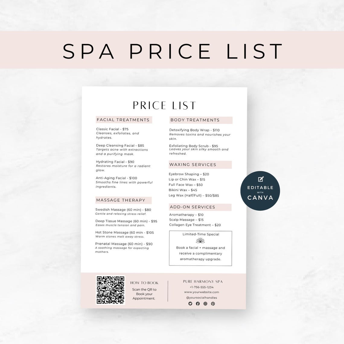 Spa Price List Template: Editable Scan to Pay Menu (canva Template, US ...