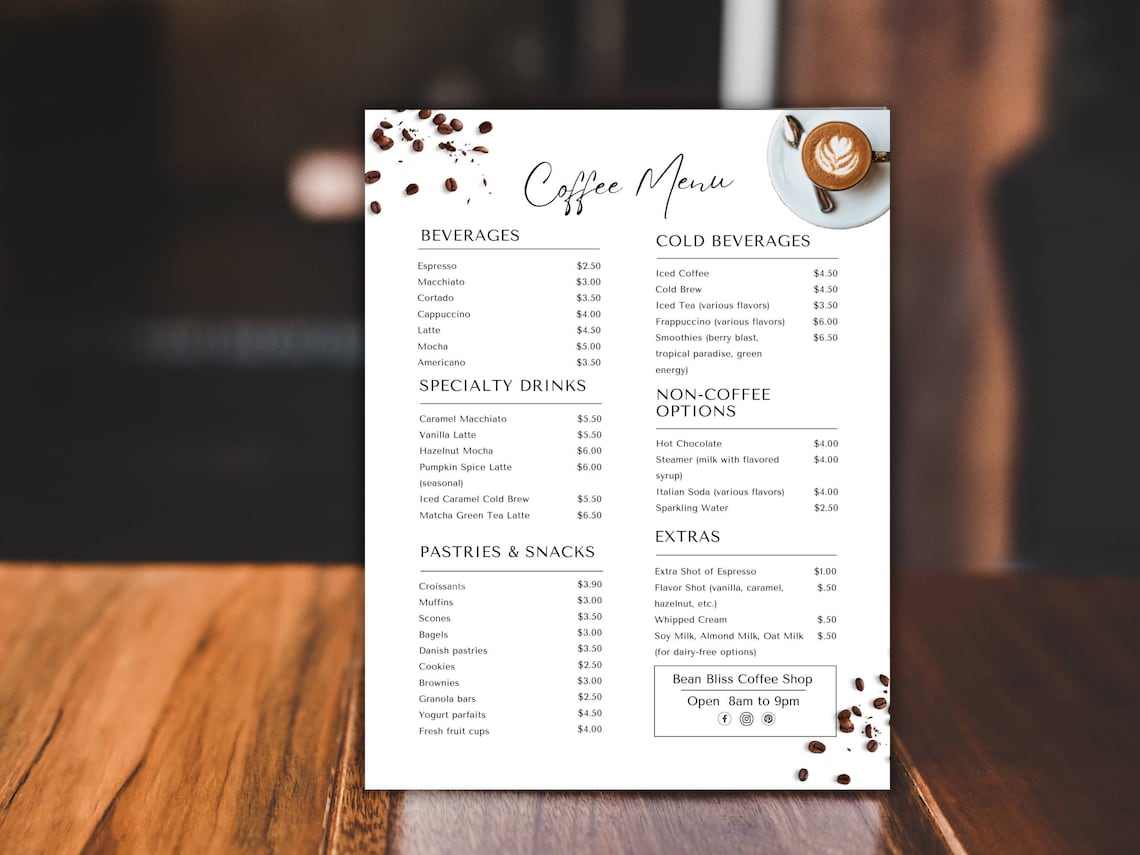 Coffee Shop Menu Template: Cafe Price List, Editable in Canva - Etsy
