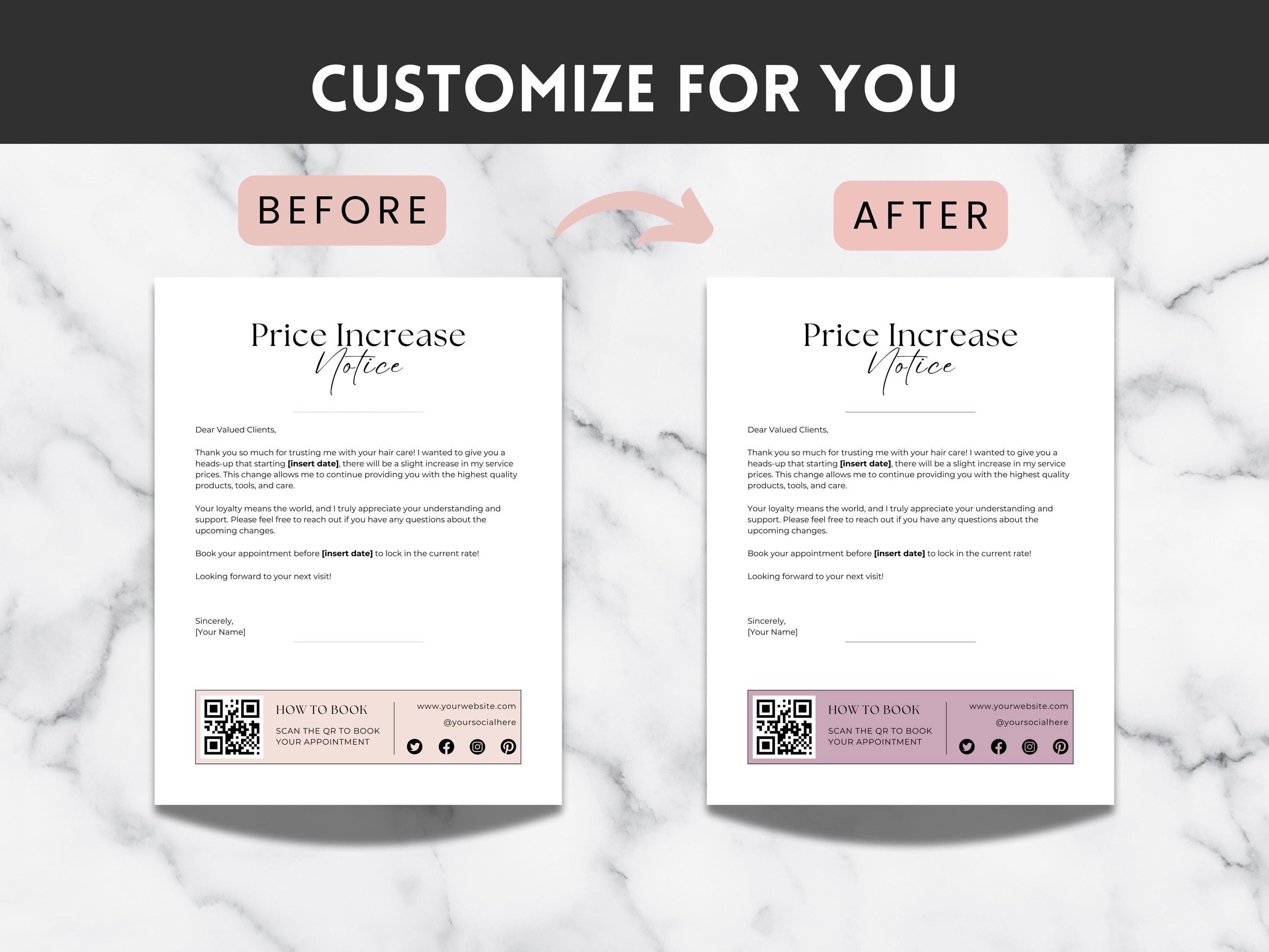 Salon Price Increase Notice Template: Editable QR Code Canva Design (US ...