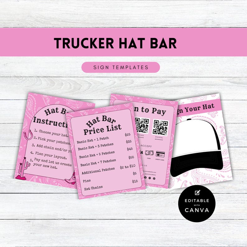Trucker Hat Bar Sign Template: Price List, Instructions, Scan to Pay ...
