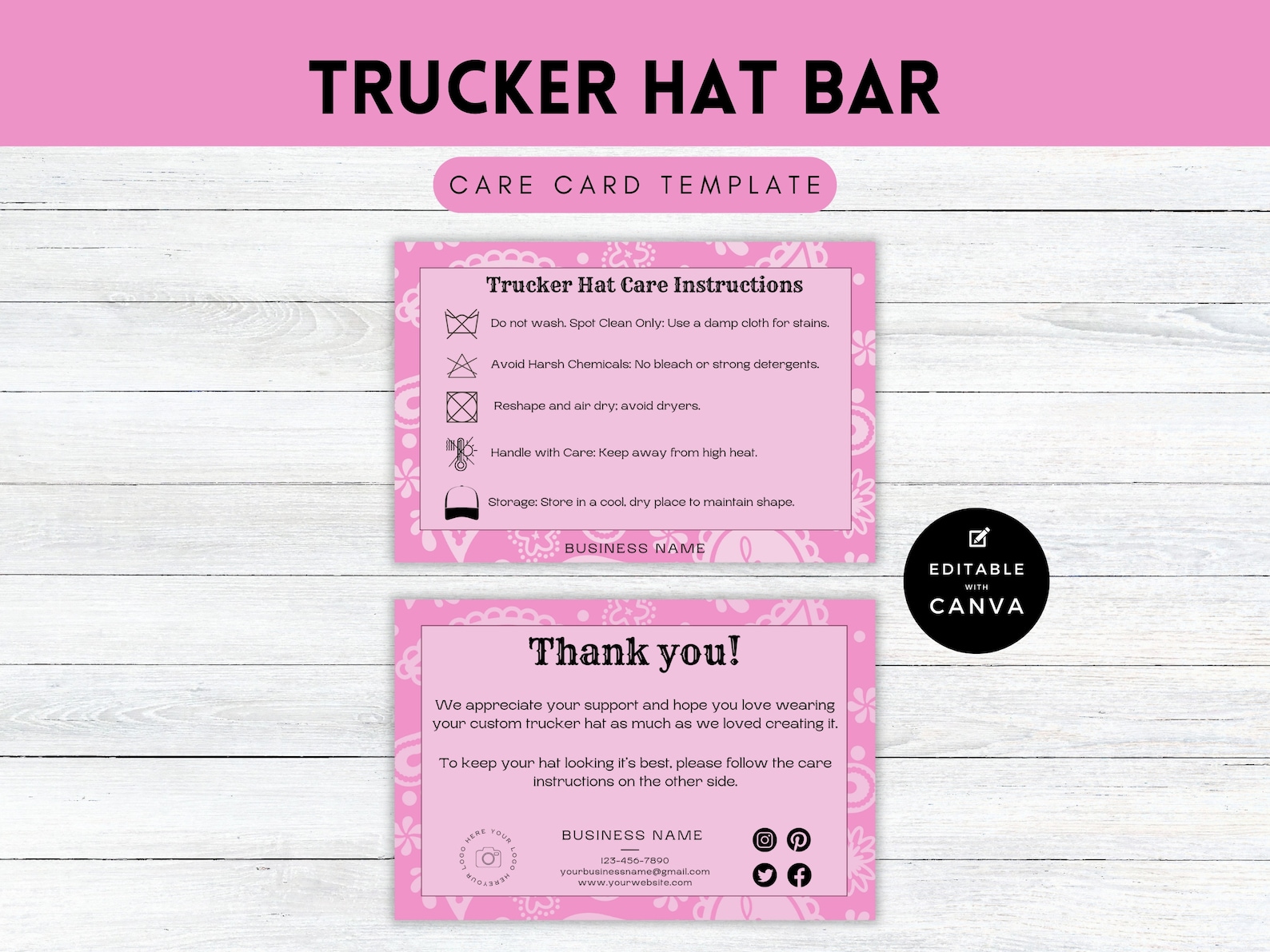 Trucker Hat Bar Care Card Template Pink Western Design Canva Editable