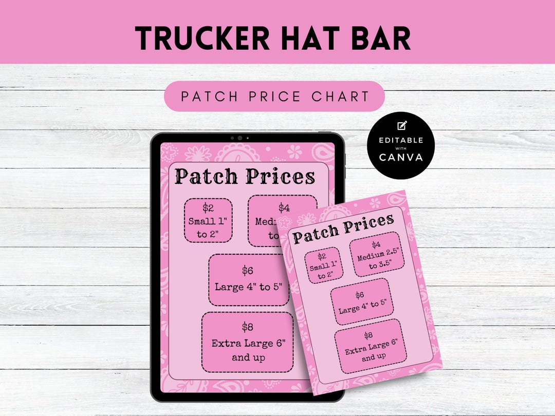 Trucker Hat Bar Patch Price Chart: Pink Western Theme (editable Canva ...