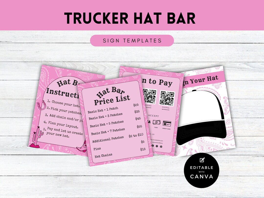 Trucker Hat Bar, Price Guide Template Printable, Editable Event ...