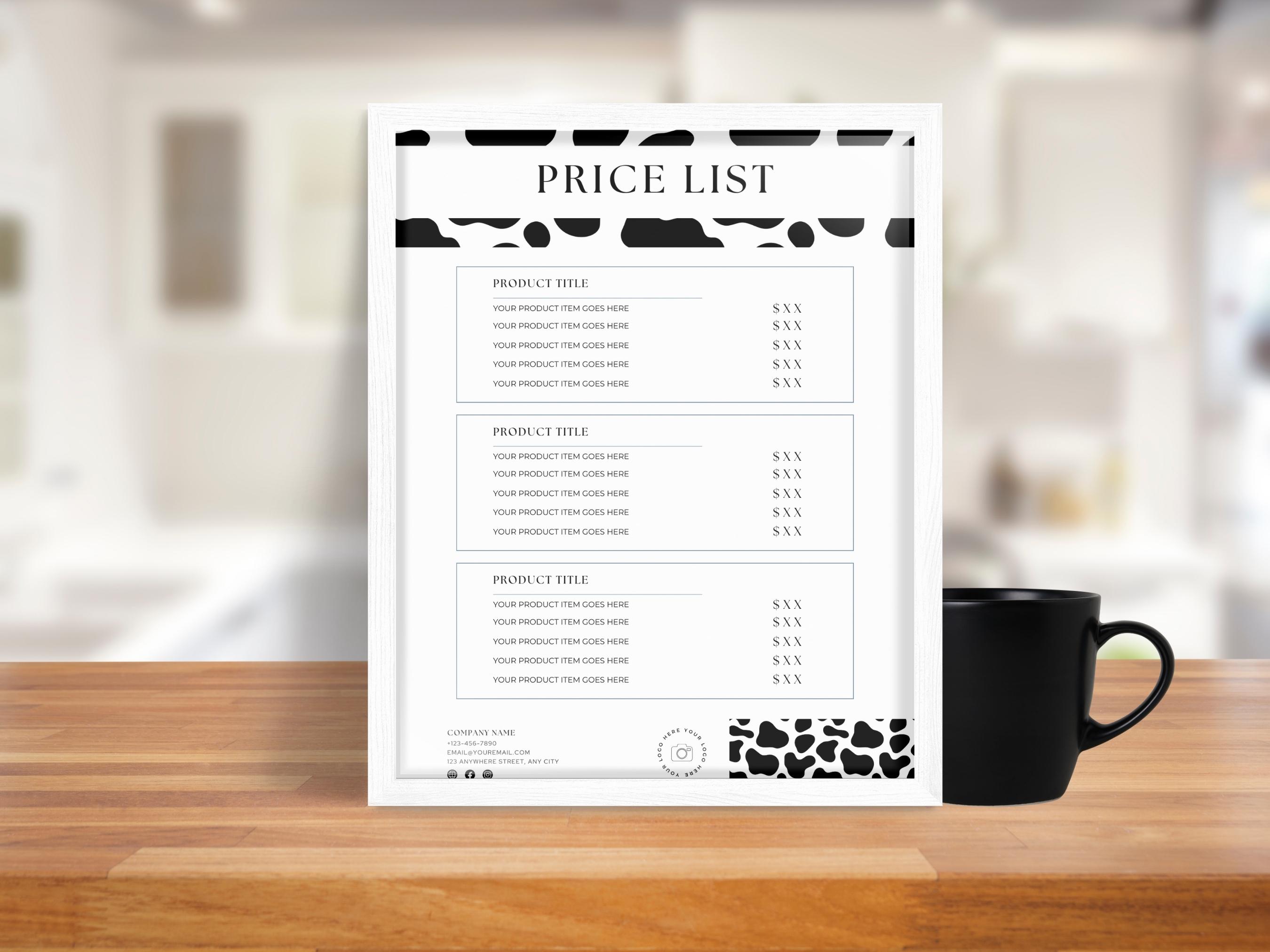 Cow Print Price List Template: Editable Business Menu (canva) - Etsy