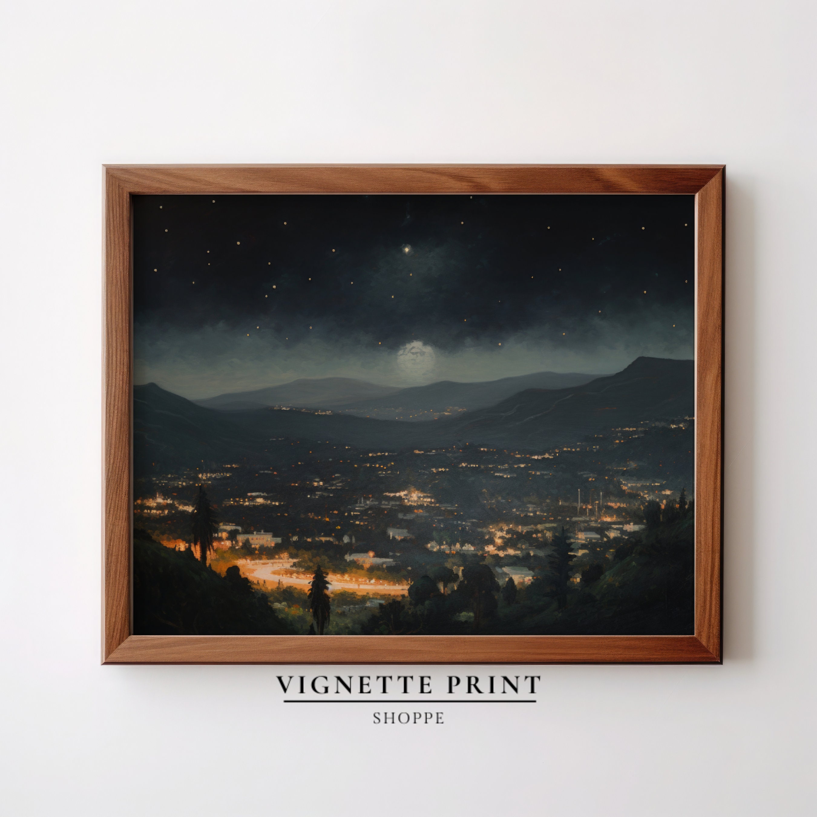 City Suburb Hills at Night Moonlit Hills Romantic Night Sky Print Art ...