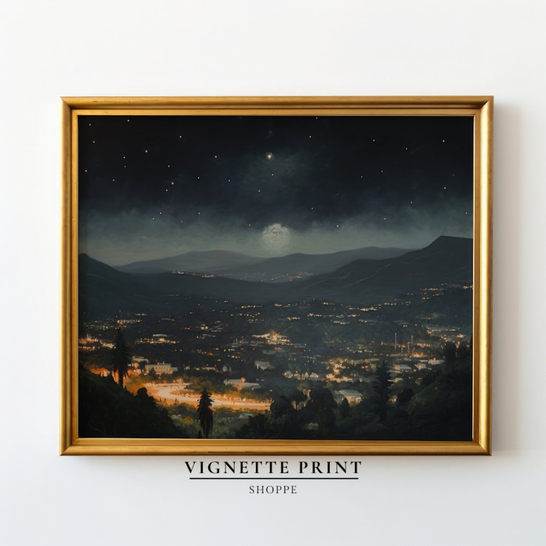 City Suburb Hills at Night | Moonlit Hills | Romantic Night Sky | Print ...