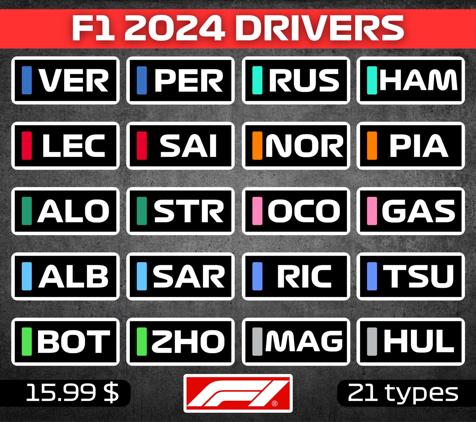 F1 2024 Driver Stickers F1 Logo 21 Types All Drivers F1 2024 Season ...
